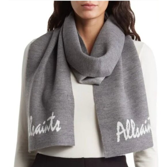 All Saints | Accessories | All Saints Logo Jacquard Wool Scarf In Gray ...